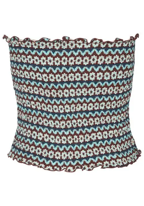 LASCANA Smocked Strapless Printed Cropped Top - Blue Multi