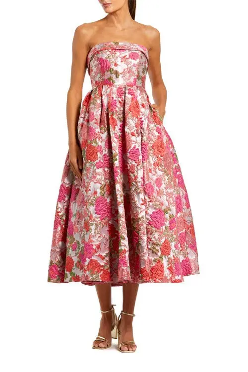 Mac Duggal Floral Brocade A-line Midi Dress - Pink Multi