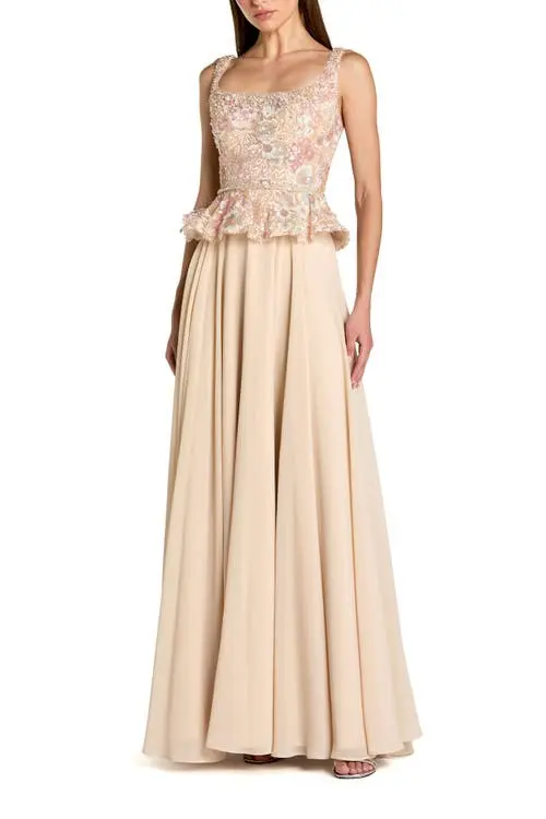 Mac Duggal Petite Embroidered Peplum Top With Chiffon Skirt Gown - Champagne