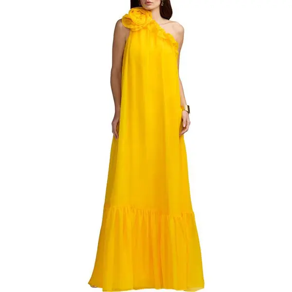 Mac Duggal Chiffon Maxi Gown With Rosette - Sunshine