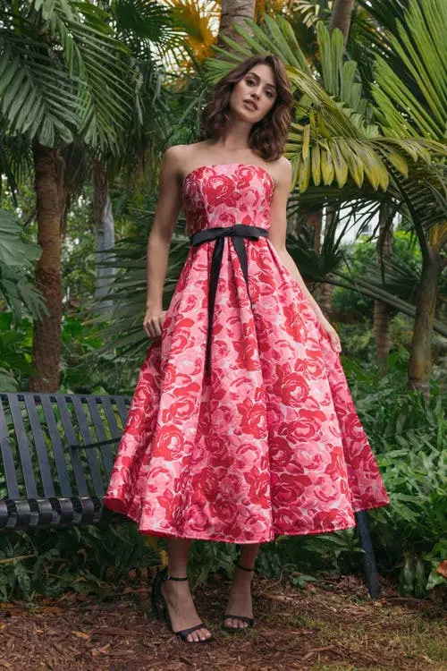 Mac Duggal Brocade A-line Midi Dress With Bow