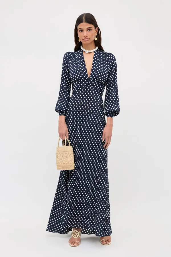 Rixo Emory Runway Spot Silk Maxi Dress - Navy