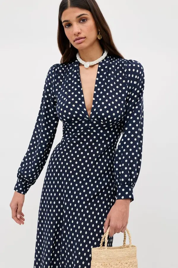 Rixo Emory Runway Spot Silk Maxi Dress - Navy