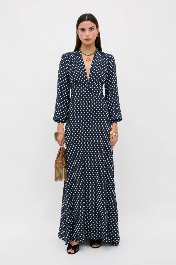 Rixo Emory Runway Spot Silk Maxi Dress - Navy