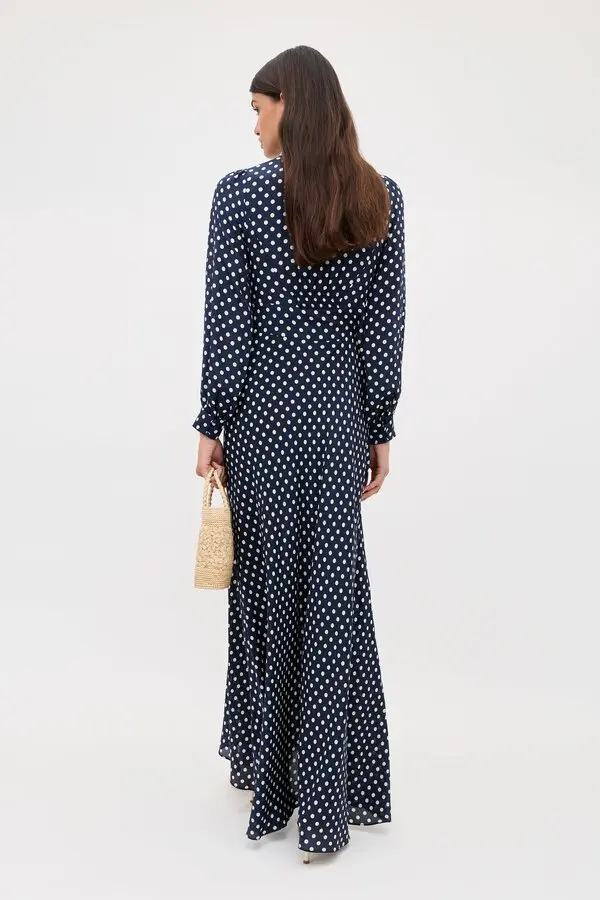 Rixo Emory Runway Spot Silk Maxi Dress - Navy