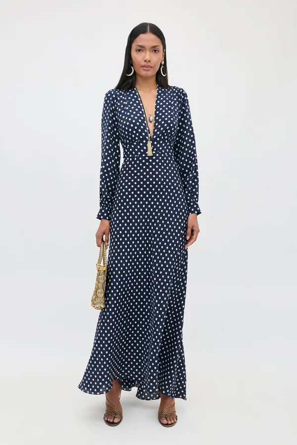 Rixo Emory Runway Spot Silk Maxi Dress - Navy