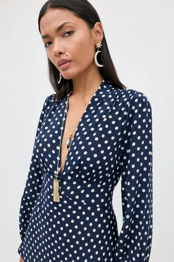 Rixo Emory Runway Spot Silk Maxi Dress - Navy