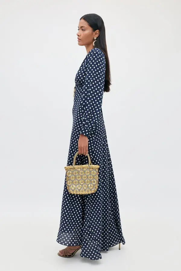 Rixo Emory Runway Spot Silk Maxi Dress - Navy