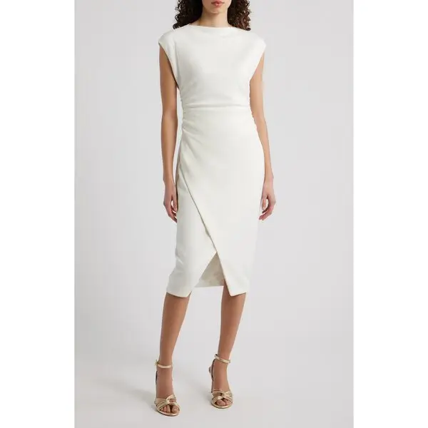 Vince Camuto Cap-sleeve Ruched Scuba Crepe Midi Dress - Ivory