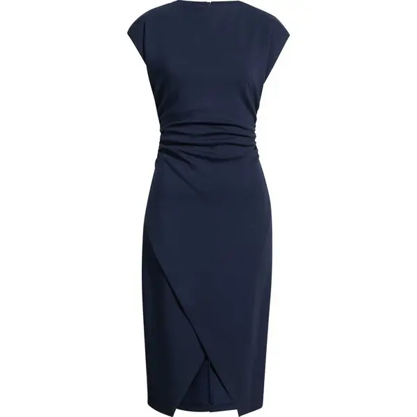 Vince Camuto Cap-sleeve Ruched Scuba Crepe Midi Dress - Navy