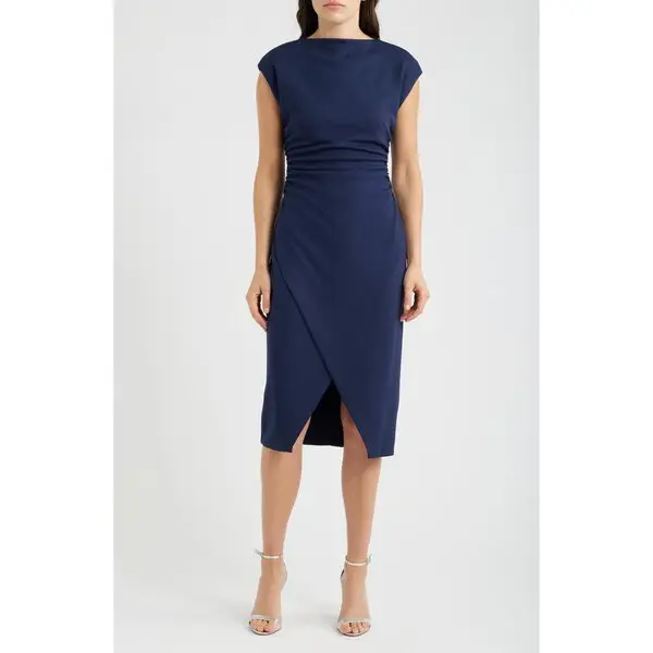 Vince Camuto Cap-sleeve Ruched Scuba Crepe Midi Dress - Navy