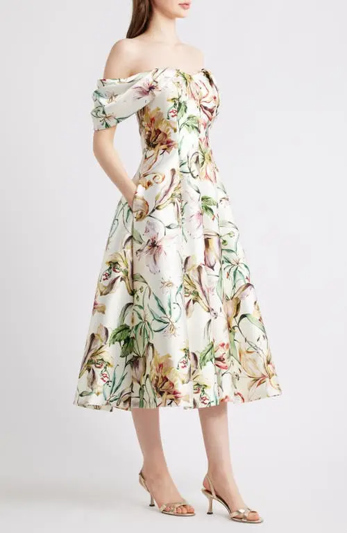 Eliza J Off-the-shoulder Floral Midi Dress - Ivory Mult