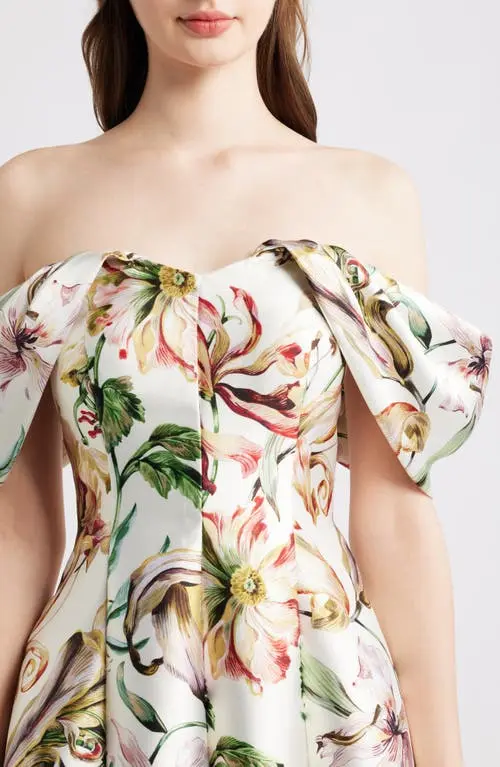 Eliza J Off-the-shoulder Floral Midi Dress - Ivory Mult