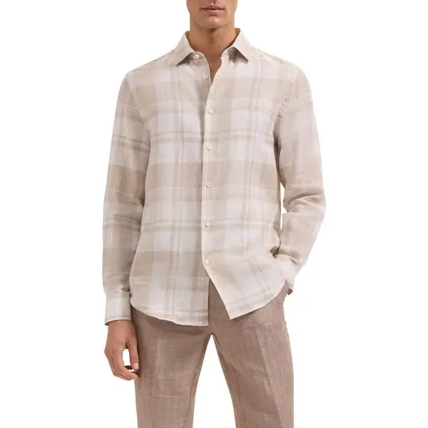 Bugatchi Julian Shaped Fit Plaid Linen Button-up Shirt - Sand