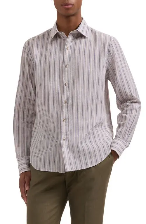 Bugatchi Julian Shaped Fit Stripe Cotton & Linen Button-up Shirt - Camel