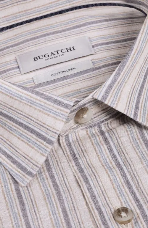 Bugatchi Julian Shaped Fit Stripe Cotton & Linen Button-up Shirt - Camel