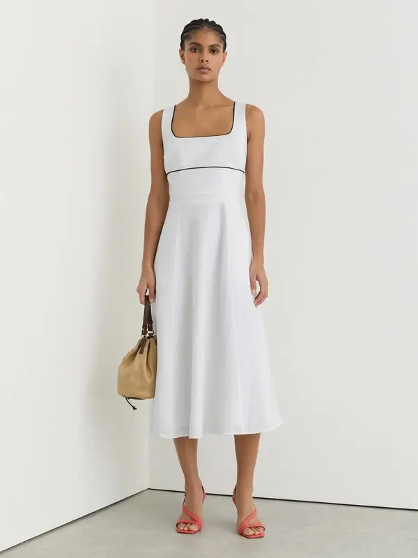 REISS Dorethea Linen Contrast-trim Midi Dress - Ivory