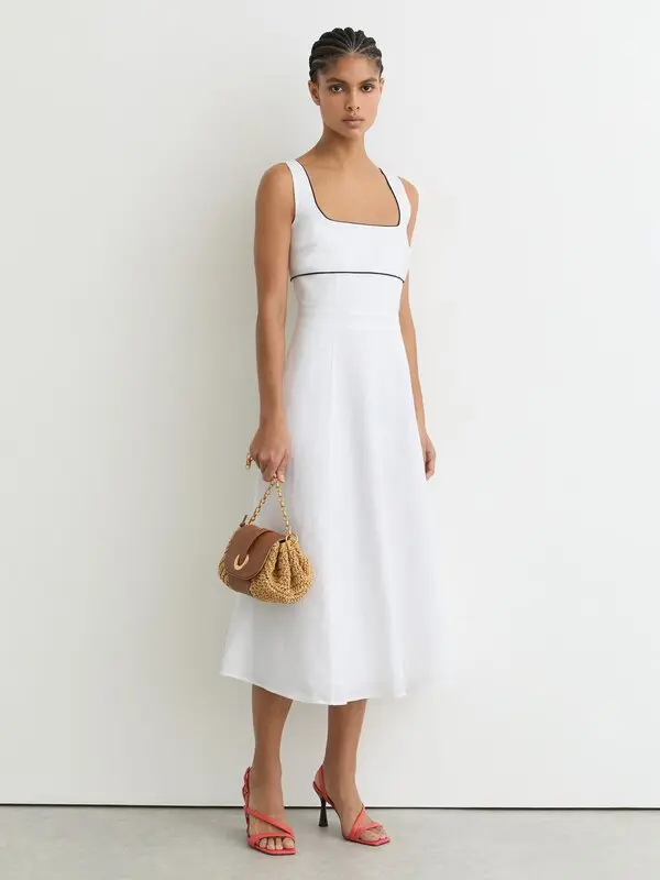 REISS Dorethea Linen Contrast-trim Midi Dress - Ivory