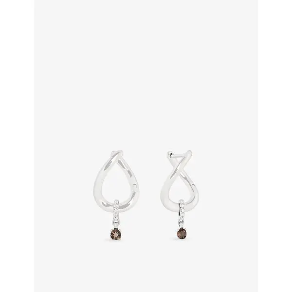 ASTRID & MIYU Molten 14ct White-gold, Lab-grown Diamond And Smokey Quartz Huggies - 14ct Solid Wht Gold