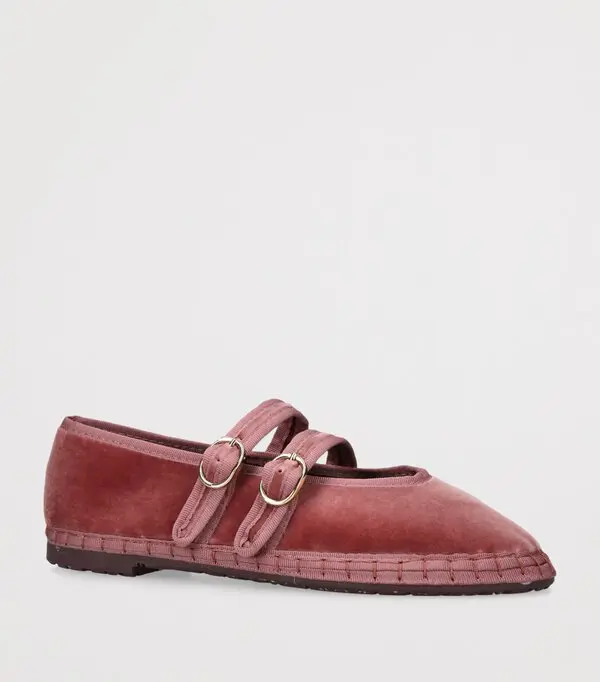 FLABELUS Velvet Mary Jane Flats - Pink