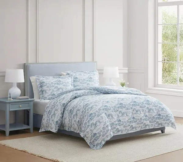 MARTHA STEWART Farmhouse Toile White/blue Cotton Sateen Queen - One-color