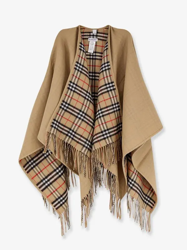 Burberry Wool Cape With Check Motif - Beige