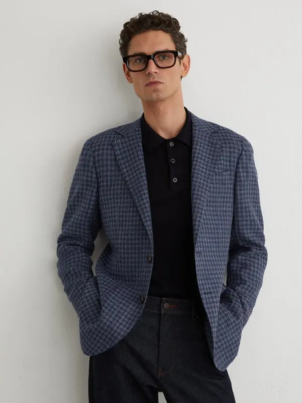 REISS Romana Wool-blend Single-breasted Check Blazer With Linen - Navy