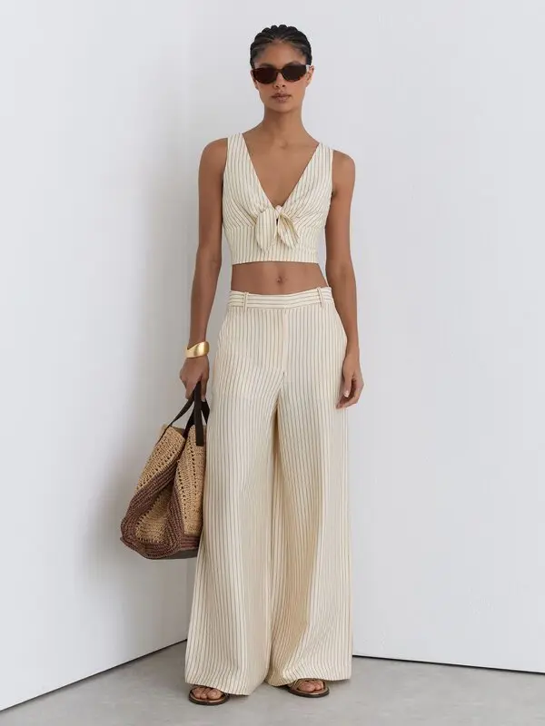 REISS Jayce Pinstripe Wide-leg Trousers - Cream/black