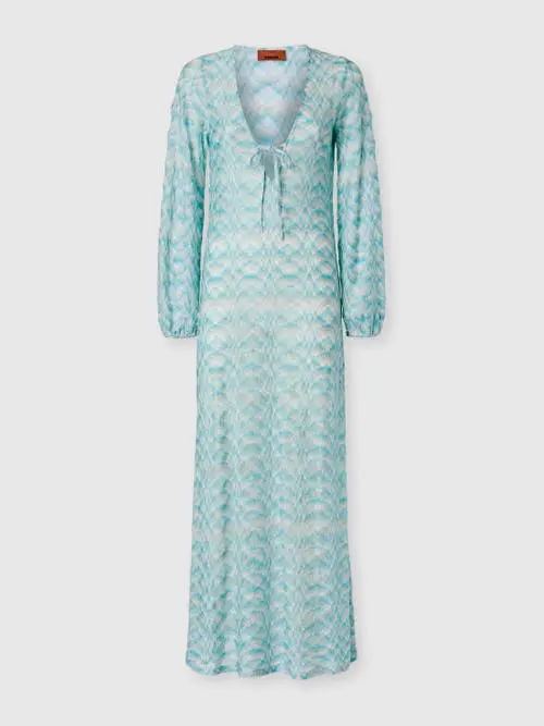 Missoni Long-sleeved Cover-up Dress In Shaded Lamé Viscose - White & Light Blue