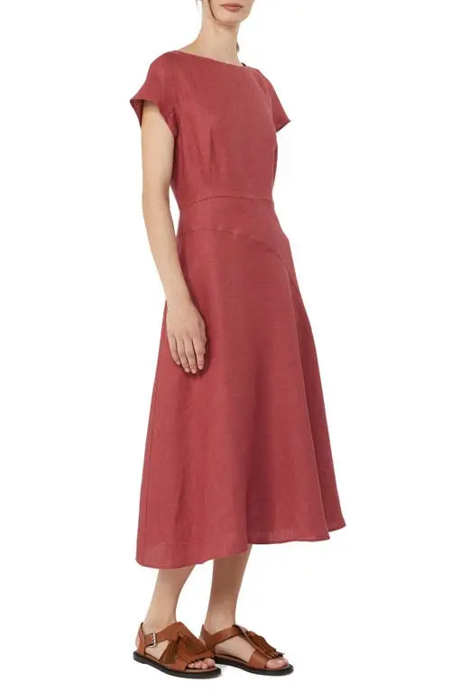 Max Mara Esordio Belted Linen Canvas A-line Midi Dress - Cherry