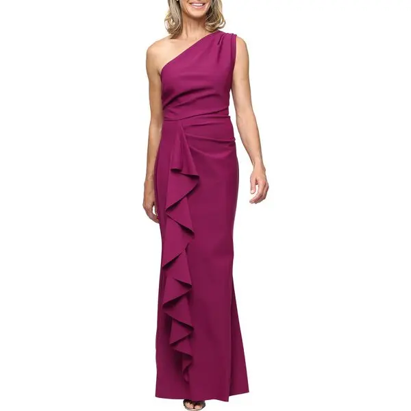 Alex Evenings One-shoulder Cascade Ruffle Contour Gown - Passion