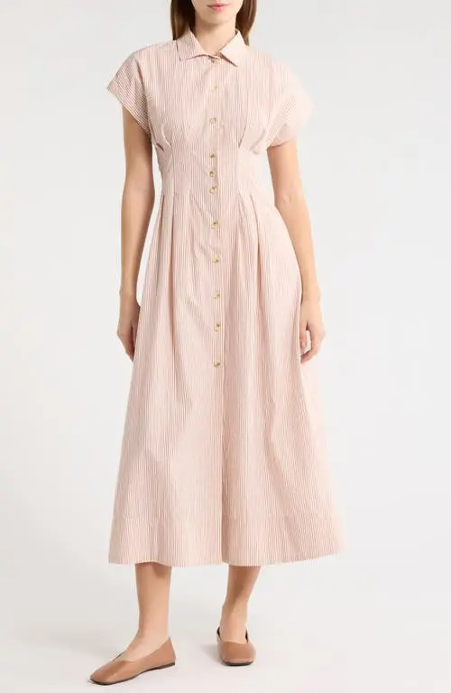 Marine Layer Arden Midi Shirtdress - Rust/white Stripe