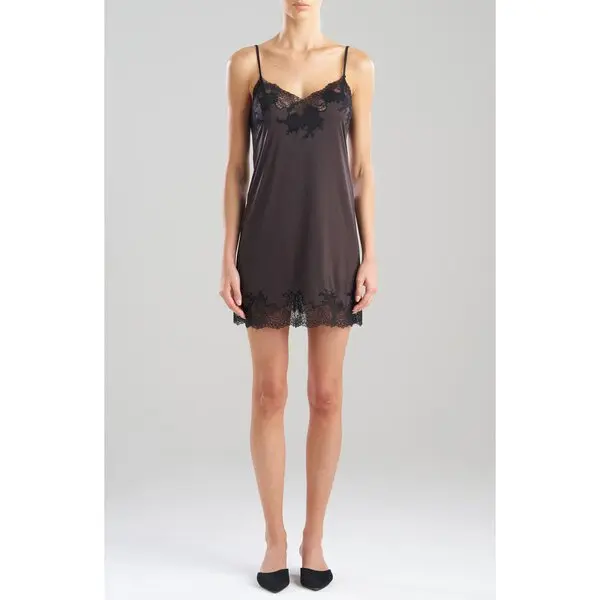 Natori Enchant Lace Trim Satin Chemise - Espresso