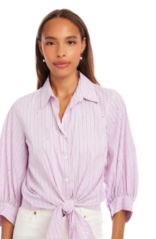 Karen Kane Embellished Striped Tie Front Top - Pink