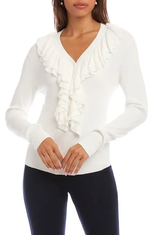 Karen Kane Ruffle V-neck Sweater - Off White