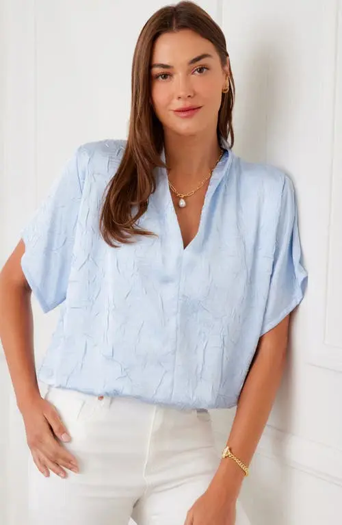 Karen Kane Crushed Satin V-neck Top - Light Blue