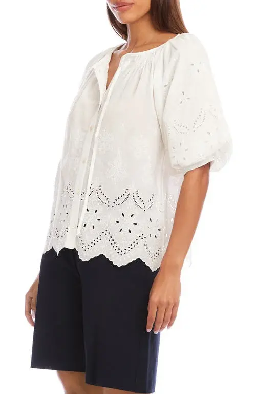 Karen Kane Eyelet Embroidered Button-up Top - White