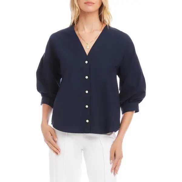 Karen Kane Lantern Sleeve Button-up Shirt - Navy
