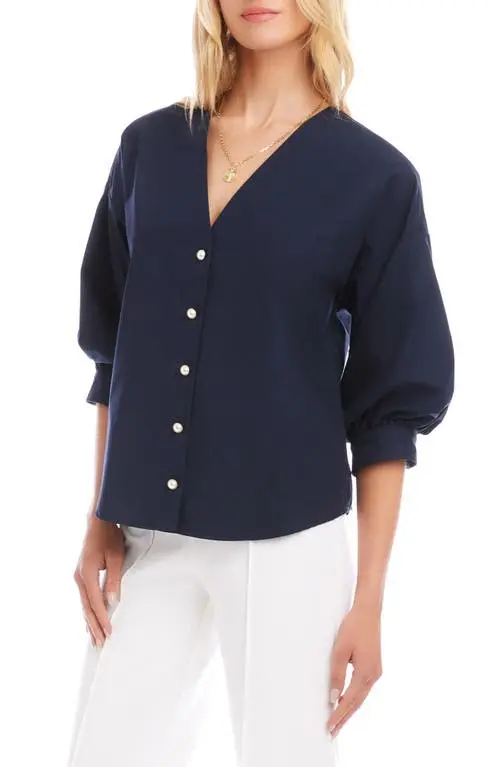 Karen Kane Lantern Sleeve Button-up Shirt - Navy