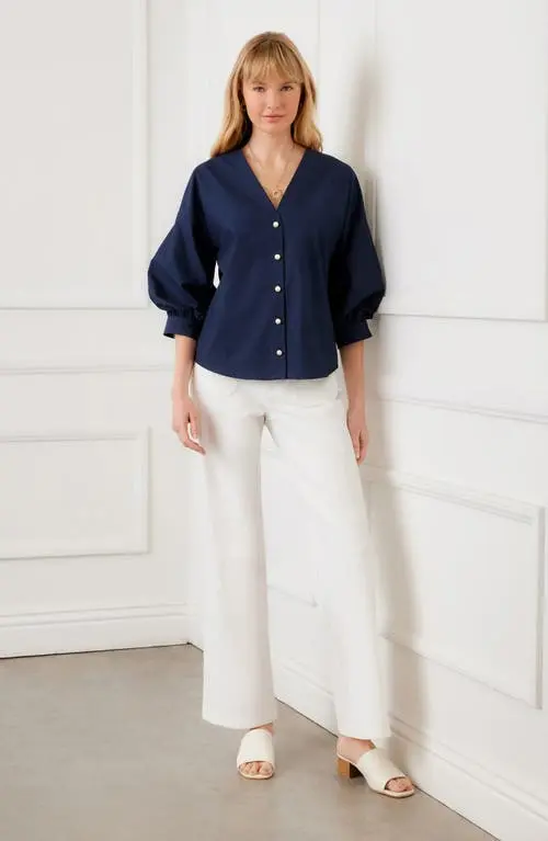 Karen Kane Lantern Sleeve Button-up Shirt - Navy
