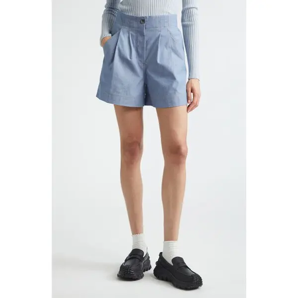 Moncler Pleated Cotton Chambray Shorts - Rain Washed