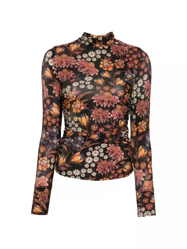 Farm Rio Floral-print Long-sleeve T-shirt - Black