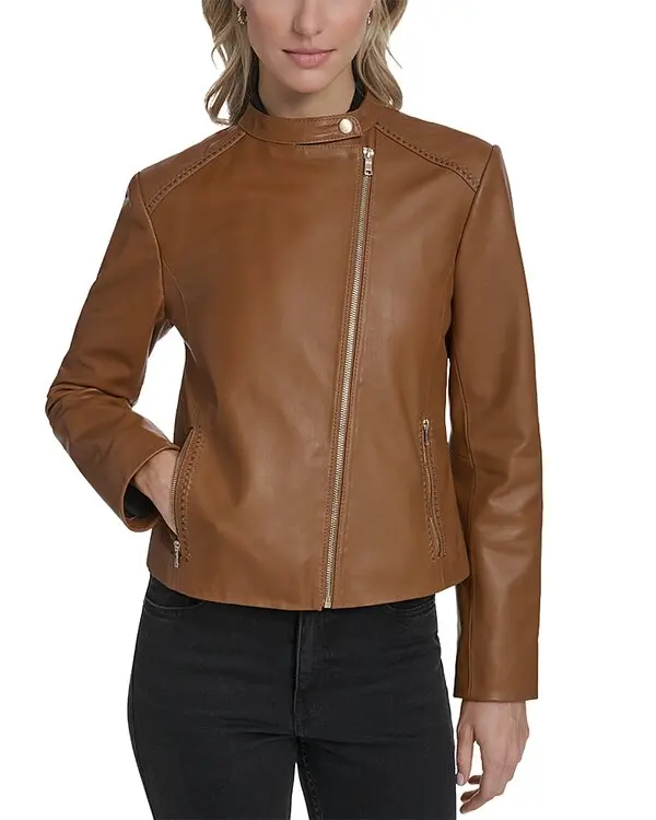 Cole Haan Stand Collar Leather Racer Jacket - Hazelnut