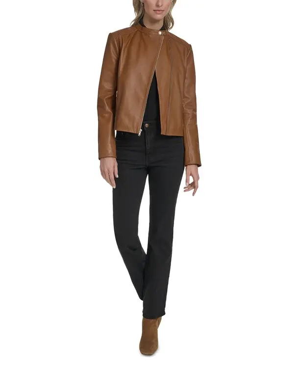 Cole Haan Stand Collar Leather Racer Jacket - Hazelnut
