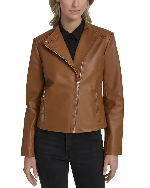 Cole Haan Stand Collar Leather Racer Jacket - Hazelnut