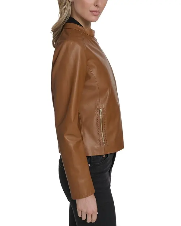 Cole Haan Stand Collar Leather Racer Jacket - Hazelnut