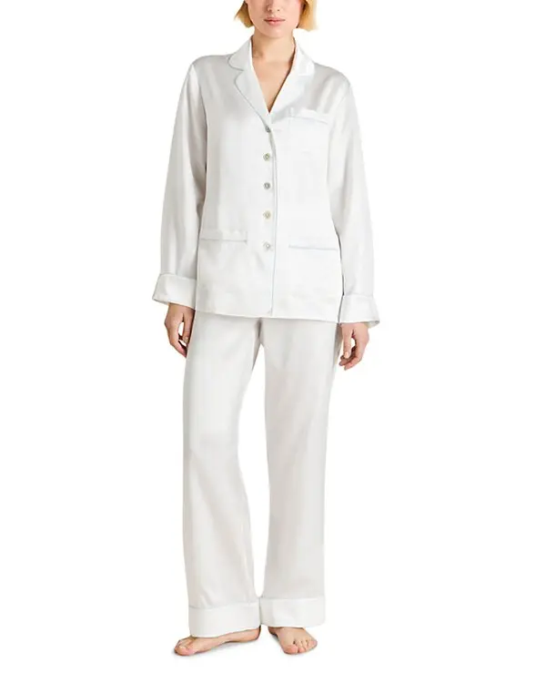 Olivia Von Halle Silk Woven Long Pajama Set - Ivory Powder Blue