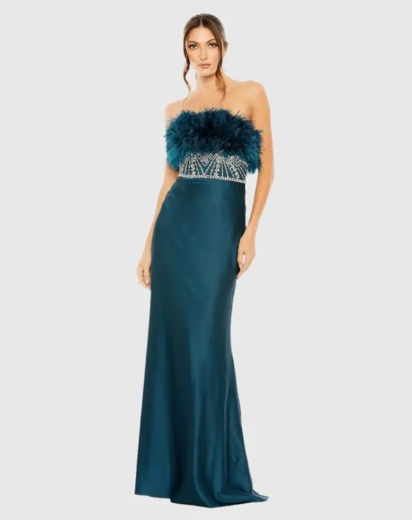 Mac Duggal Strapless Feather And Rhinestone Detailed Gown