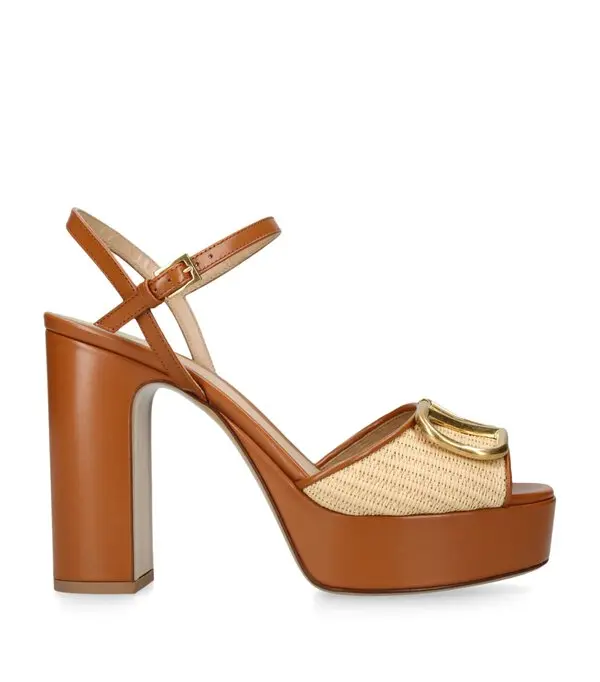 Valentino Garavani Raffia Vlogo Signature Heeled Platform Sandals 115 - Beige