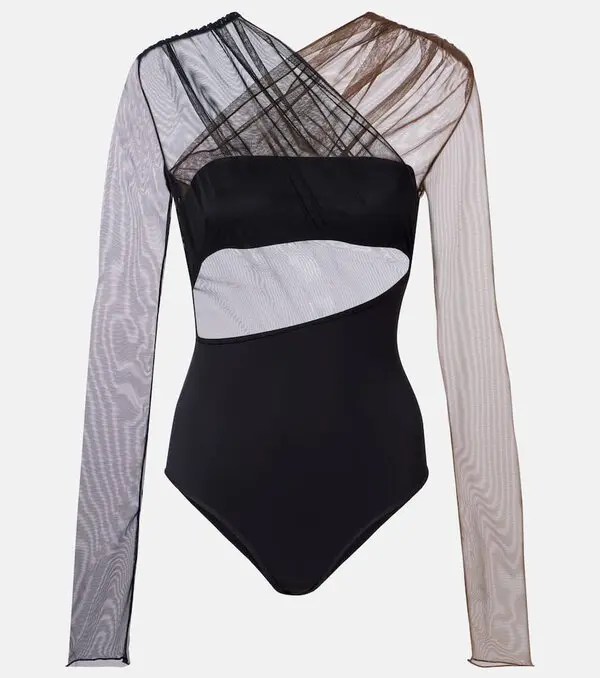 NENSI DOJAKA Cutout Ruched Sheer Bodysuit - Black
